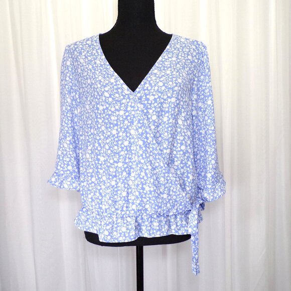 Sienna Sky | Tops | Sienna Sky Floral Top Womens Sz Medium Blue White Wrap Side Tie Cottage ...